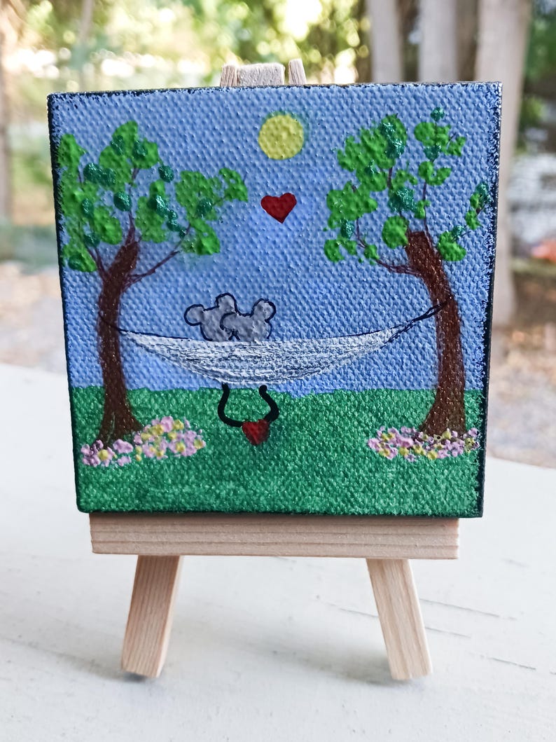 Mini Love Mice Cuddling in a Hammock Trees Flowers Original Acrylic 2. ...