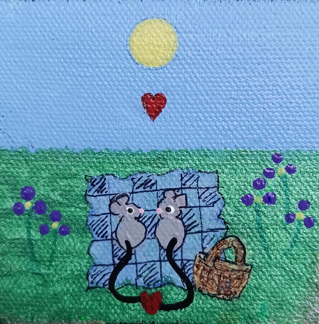 Mini Canvas Love Mice Picnic in the Park Original Acrylic 3 X 3 Canvas ...