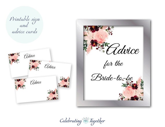 Printable advice for the bride to be sign, pink watercolor bridal ...