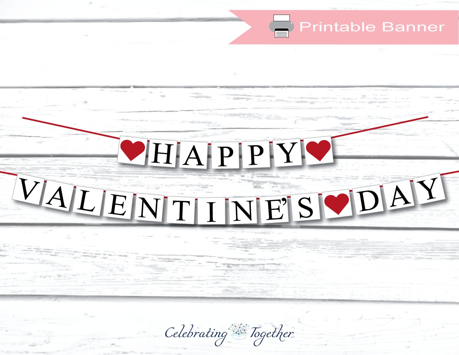 PRINTABLE Happy Valentine's Day Banner, Digital Download Heart Vday ...