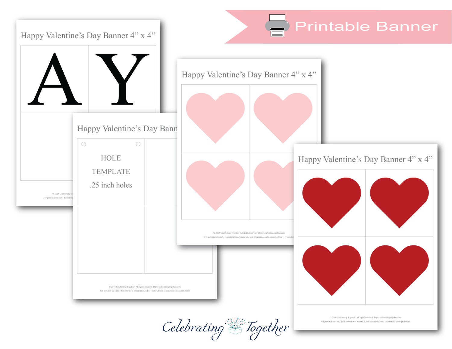 PRINTABLE Happy Valentine's Day Banner, Digital Download Heart Vday ...
