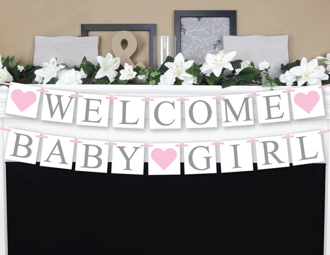 Printable Welcome Baby Girl Banner Pink and Gray Baby Shower - Etsy
