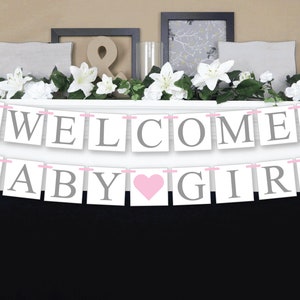 Printable Welcome Baby Girl Banner, Pink and Gray Baby Shower ...