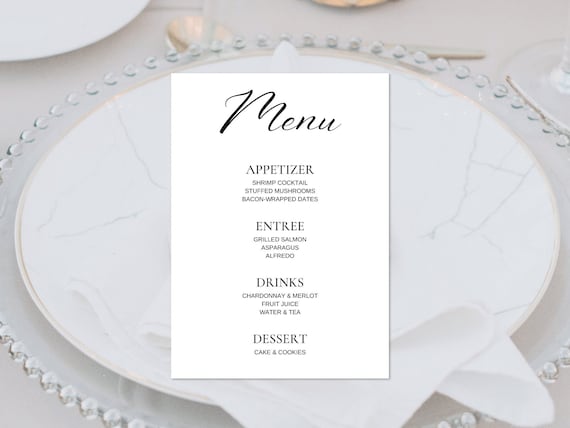 Wedding dinner menu template, calligraphy table sign printable, digital ...