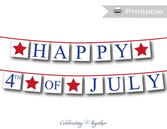 printable happy 4th of July banner, instant download red white and blue ...