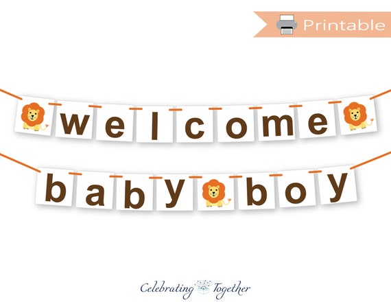 Printable welcome baby boy banner, instant download lion baby shower ...