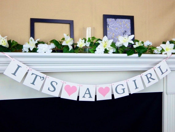 its a girl banner, gray and pink baby shower decorations, girl baby ...