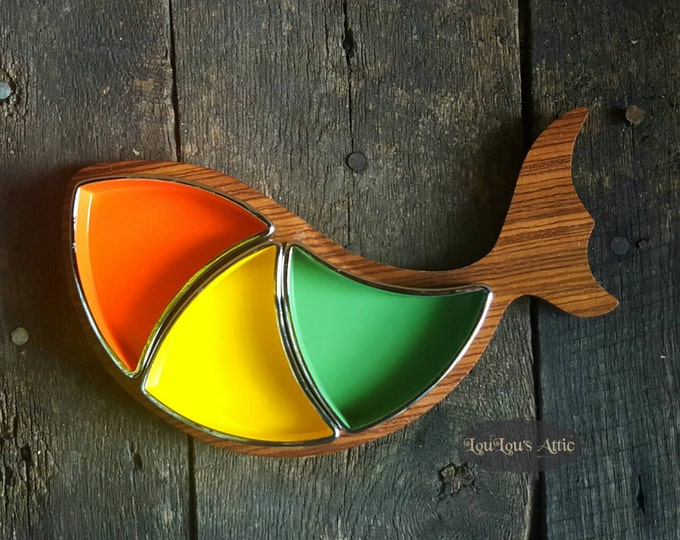 Wood Fish Serving Tray With Three Colorful Melamine Dishes MCM - Etsy