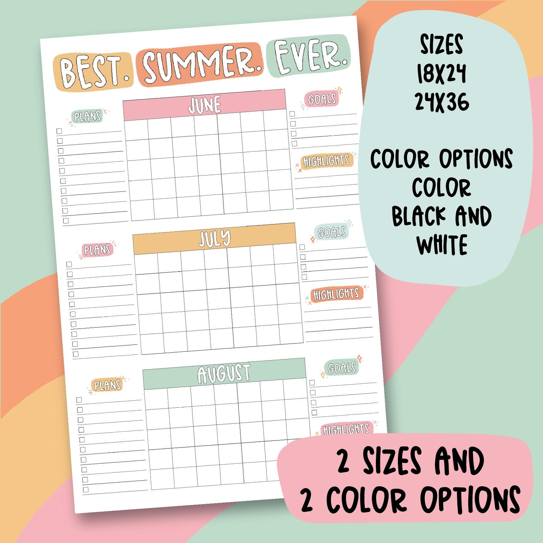 Editable Summer Calendar Poster | Large Summer Planner Printable 18x24 ...