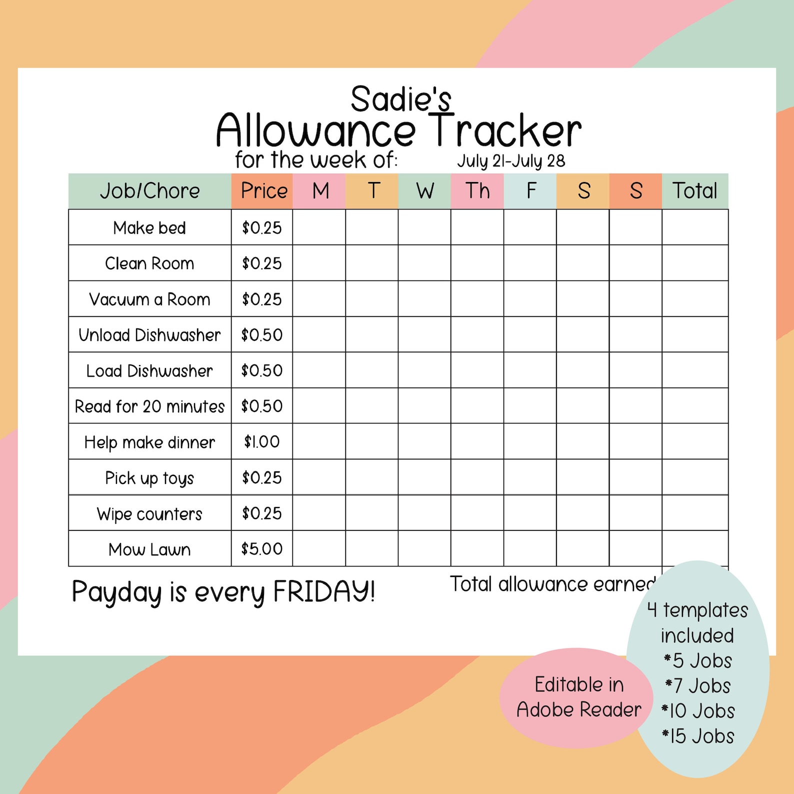 Kid Allowance Tracker | Allowance Chart | Chore Chart for Kids ...