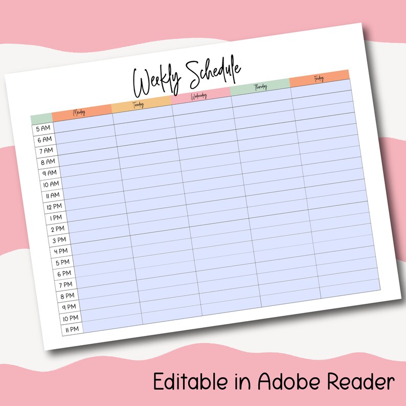 Editable Weekly Hourly Schedule Printable | 5 AM - 11 PM (PDF) - Etsy