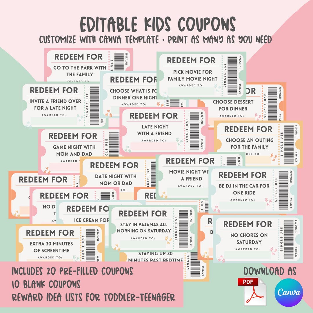 Printable Kids Coupons |kids Reward Coupon | Editable Kids Coupon Book ...