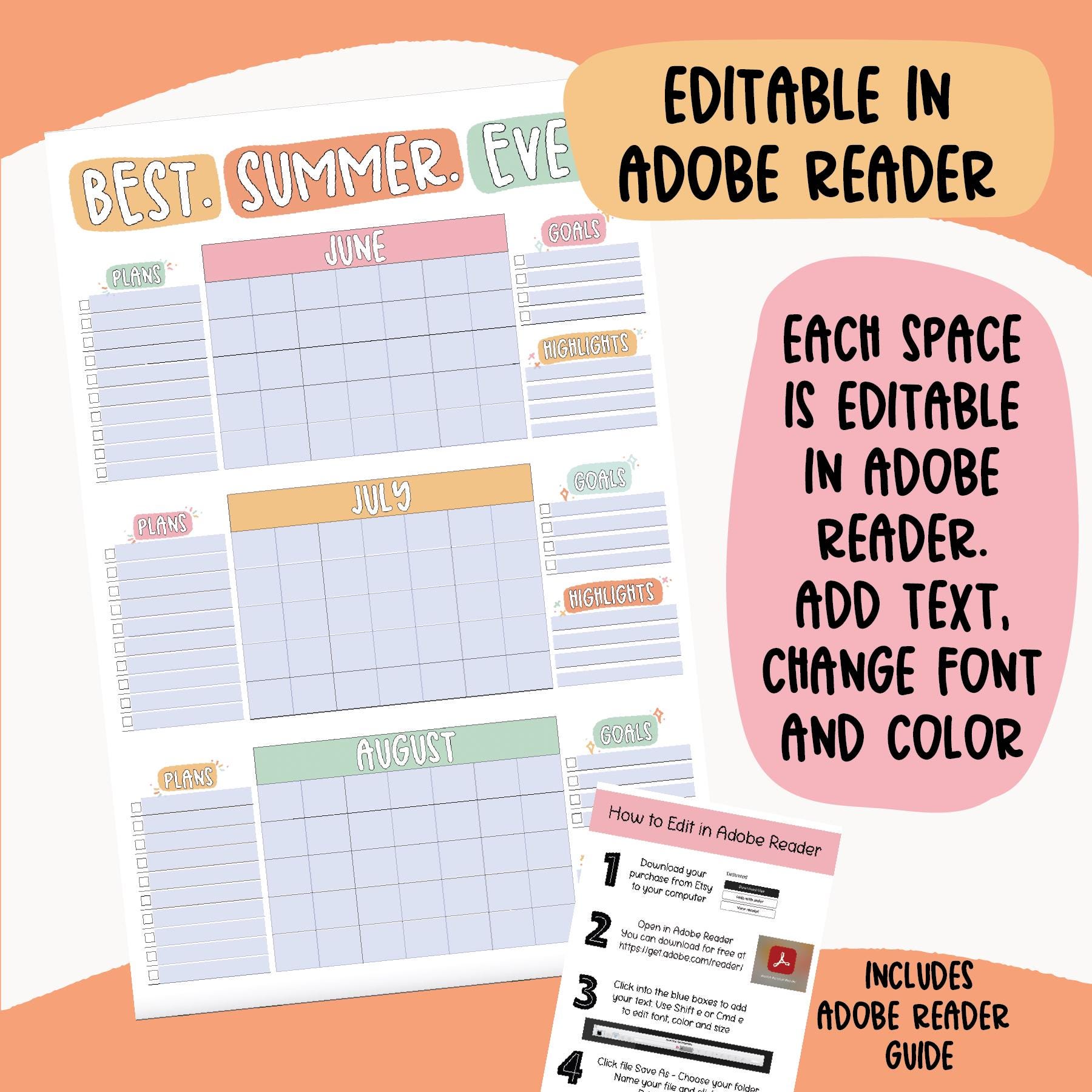 Editable Summer Calendar Poster | Large Summer Planner Printable 18x24 ...