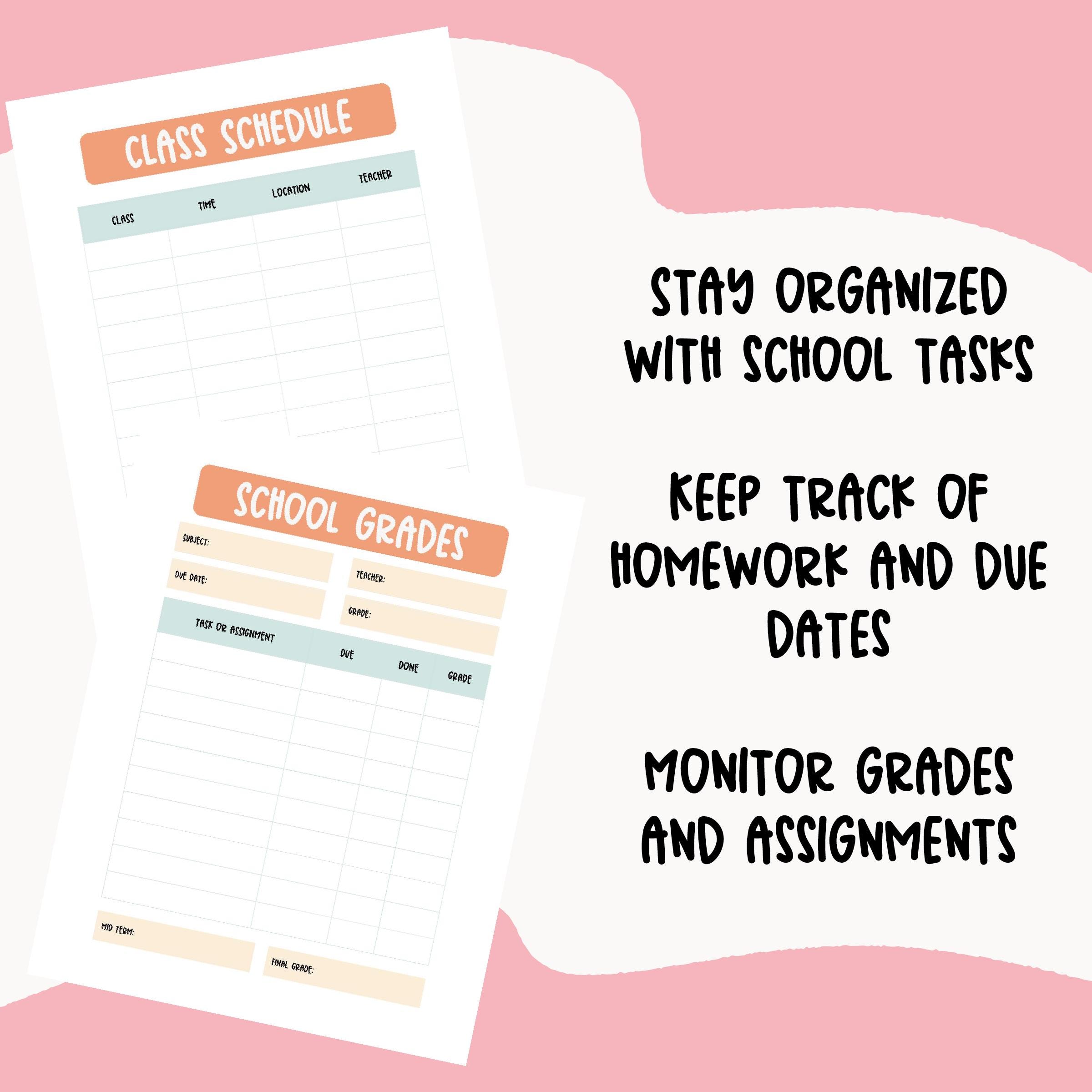 School Planner for Kids | Printable Homework Tracker, Class Schedule ...