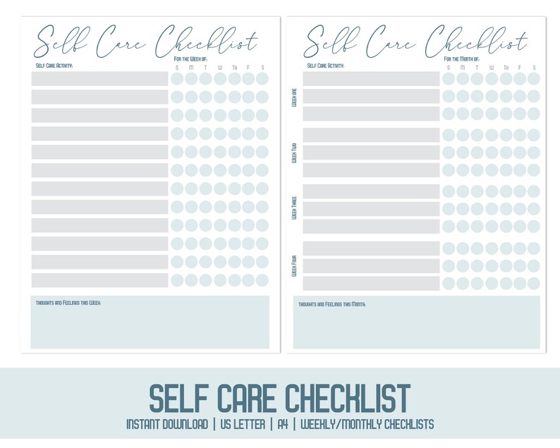 Self Care Checklist Printable Monthly and Weekly Self Care Checklists ...