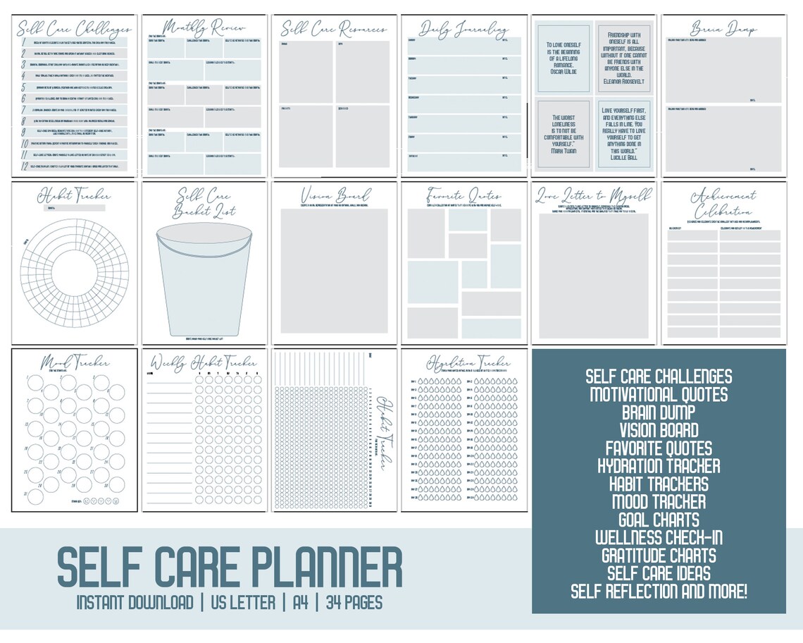 Self Care Planner Printable Self Care Check Lists and Goal Settings ...