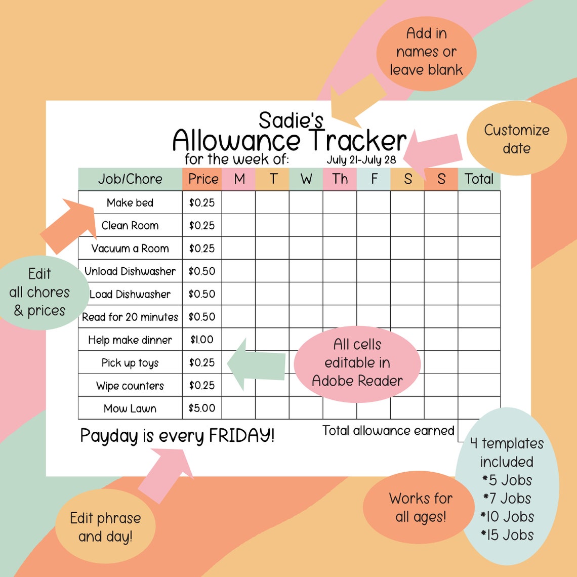 Kid Allowance Tracker | Allowance Chart | Chore Chart for Kids ...