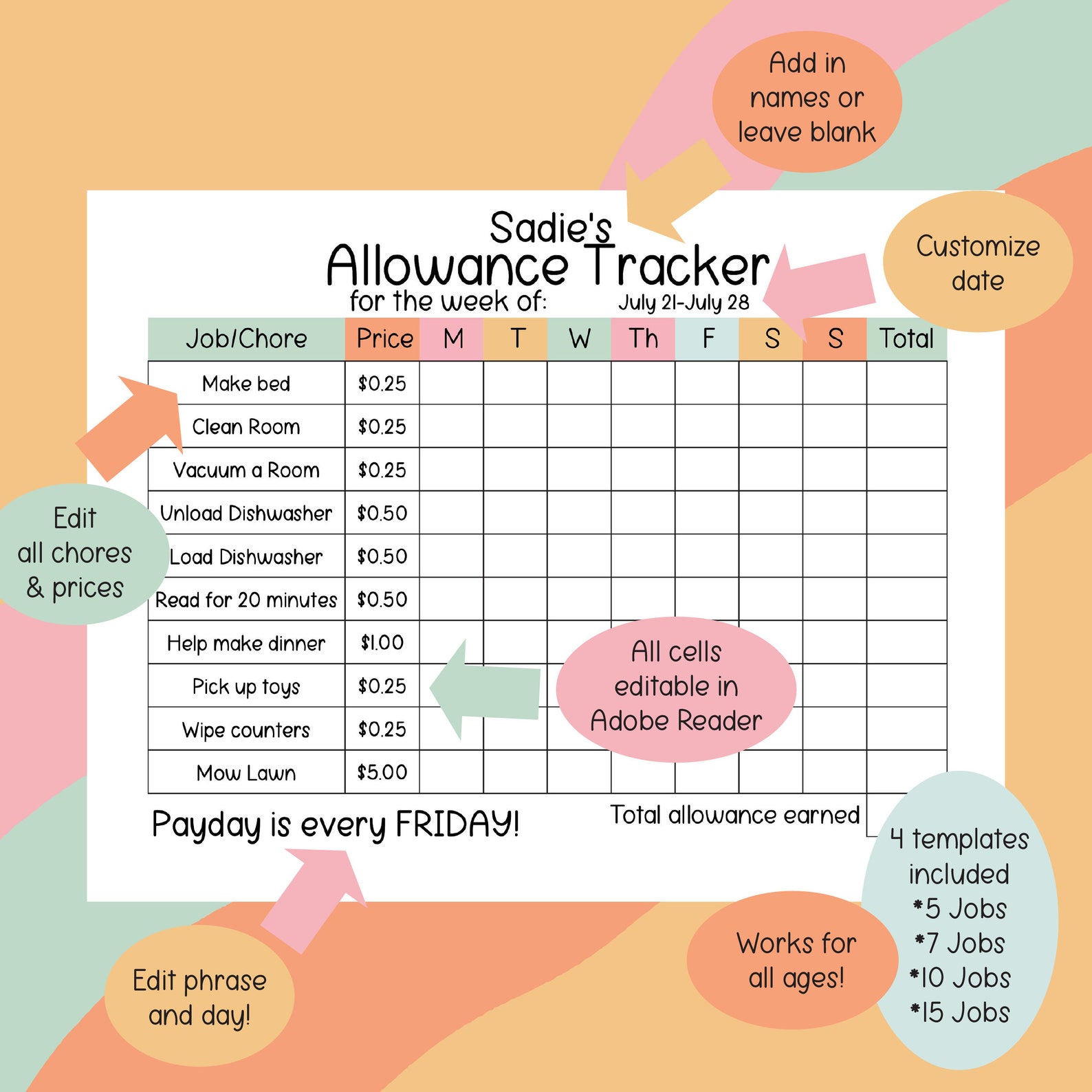 Kid Allowance Tracker | Allowance Chart | Chore Chart for Kids ...