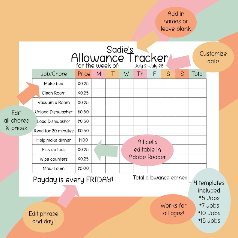 Kid Allowance Tracker | Allowance Chart | Chore Chart for Kids ...