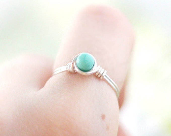 Tiny Turquoise Ring, Sterling Silver Ring, Wire Wrapped Ring, Wire ...