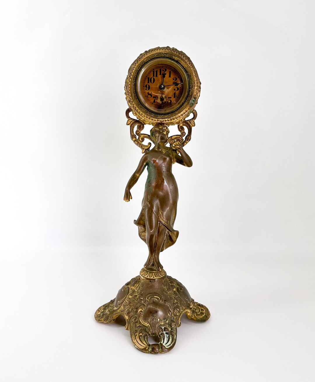 Antique Bronze Art Nouveau Lady Table Clock With Intricate Gold Gilded ...