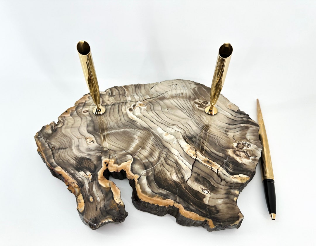 Vintage Sheaffer Petrified Wood Slab Pen Holder, Double Gold Pen Holder ...