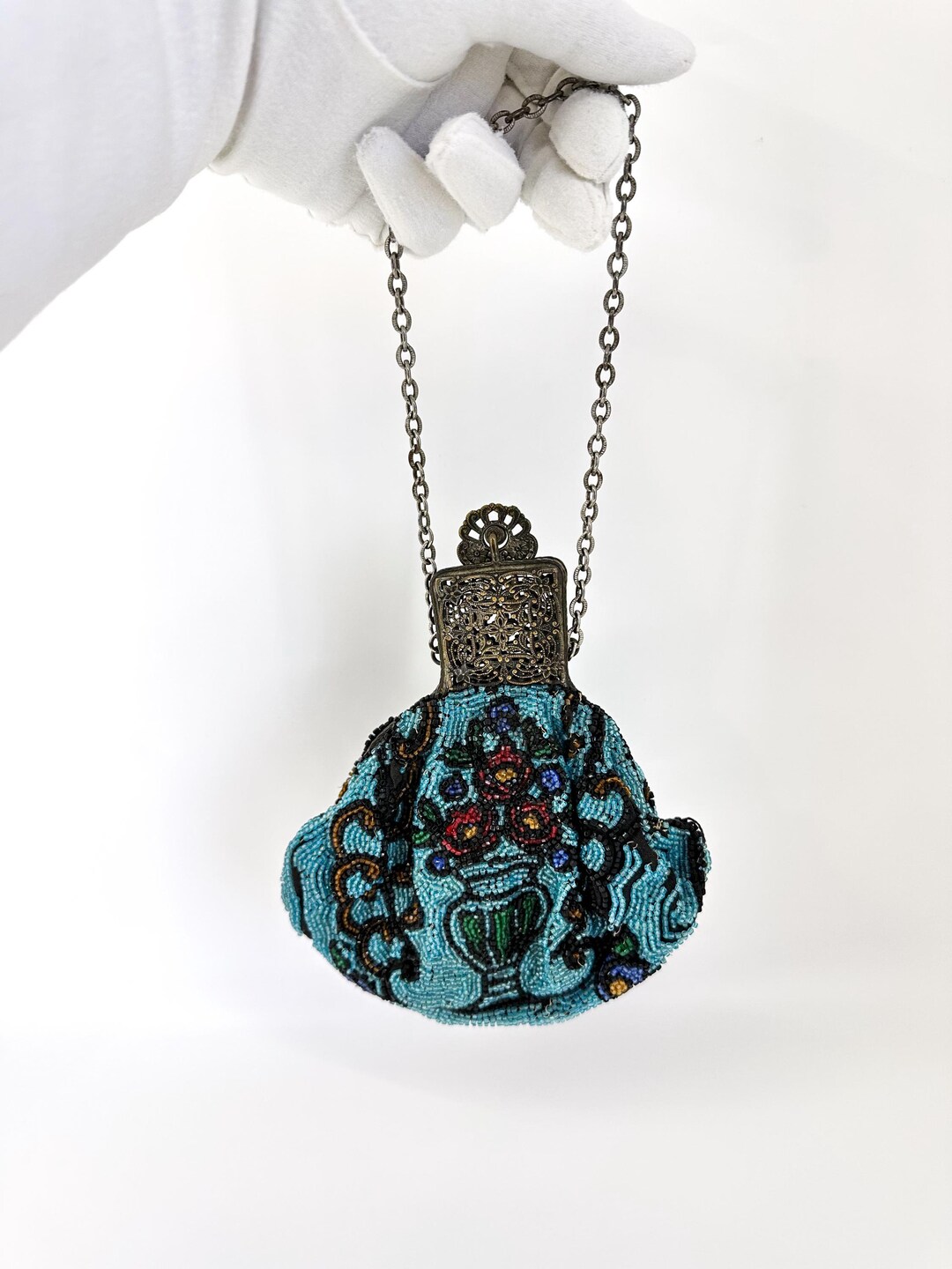 Antique Victorian Beaded Purse, Floral Pattern, Brass Filigree Clasp ...