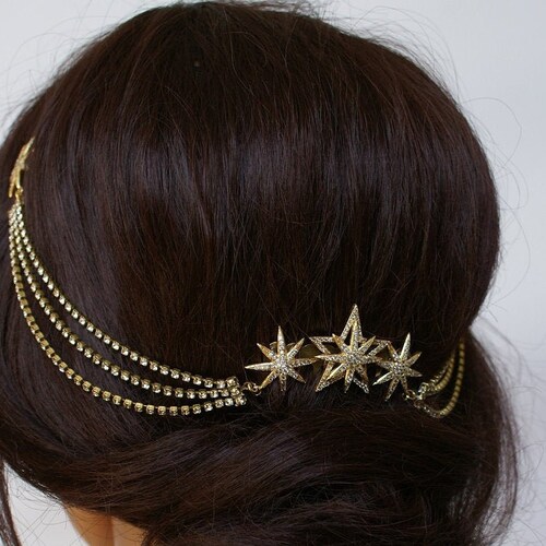 Gold Luxury Star Bridal Headpiece With Crystal Hair Drape - Etsy