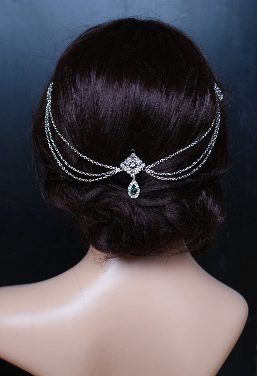 Emerald Bridal Headpiece – Silver Hair Chain, 1920s Wedding - Etsy