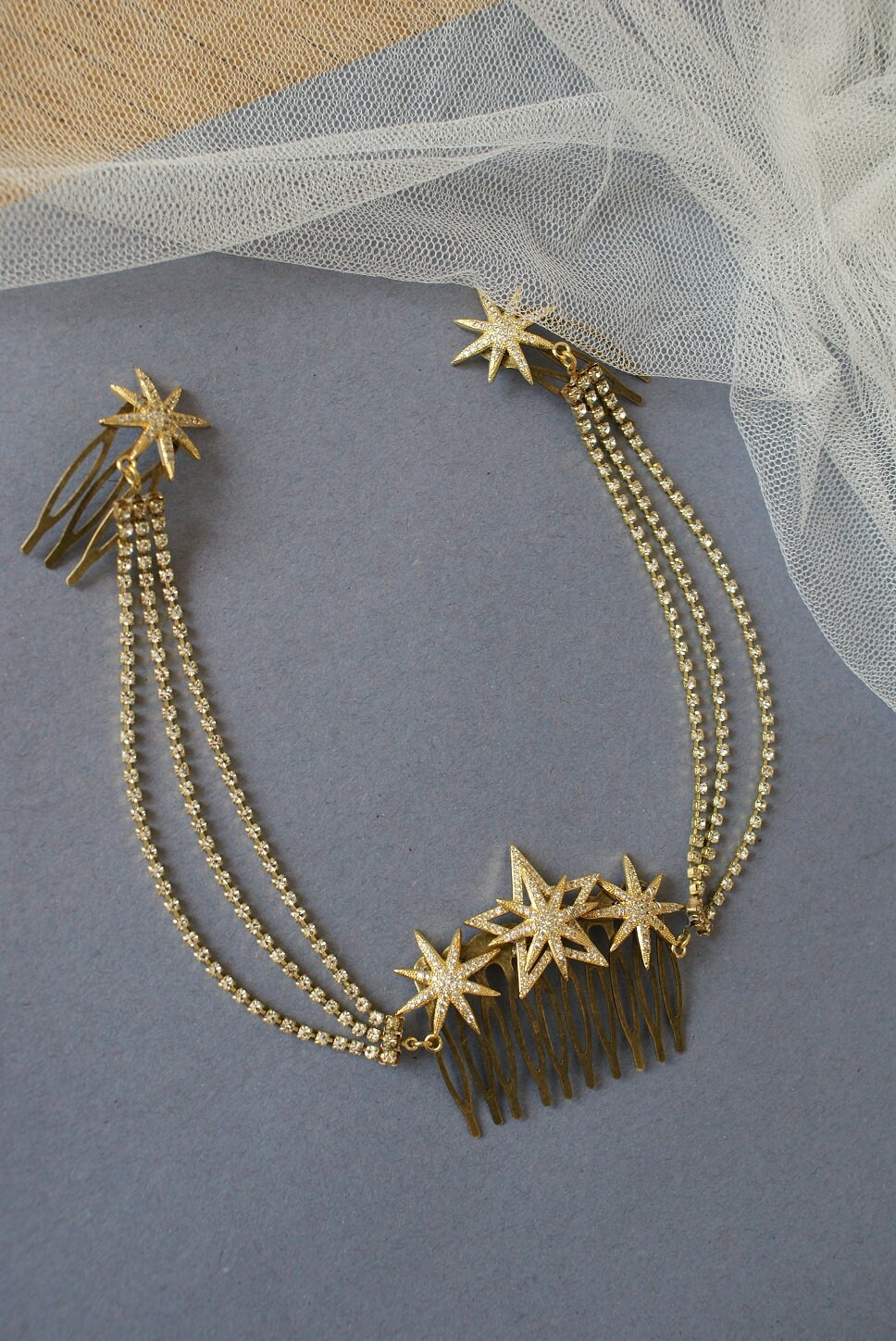 Gold Luxury Star Bridal Headpiece With Crystal Hair Drape | Etsy