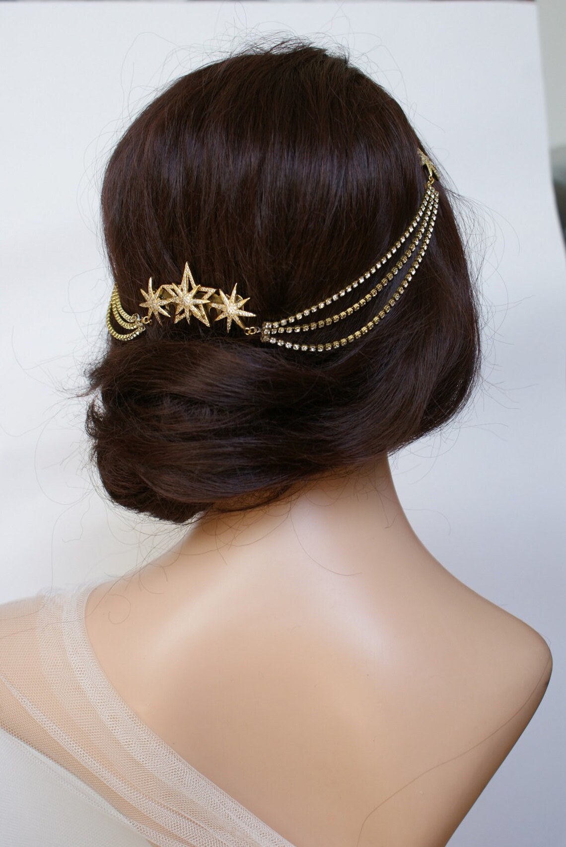Gold Luxury Star Bridal Headpiece With Crystal Hair Drape - Hair ...