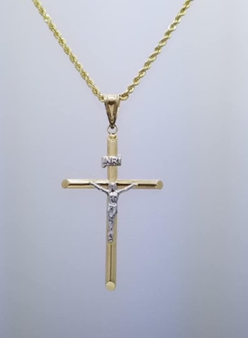 14k Gold Cross With a Rope Chain Necklace - Etsy