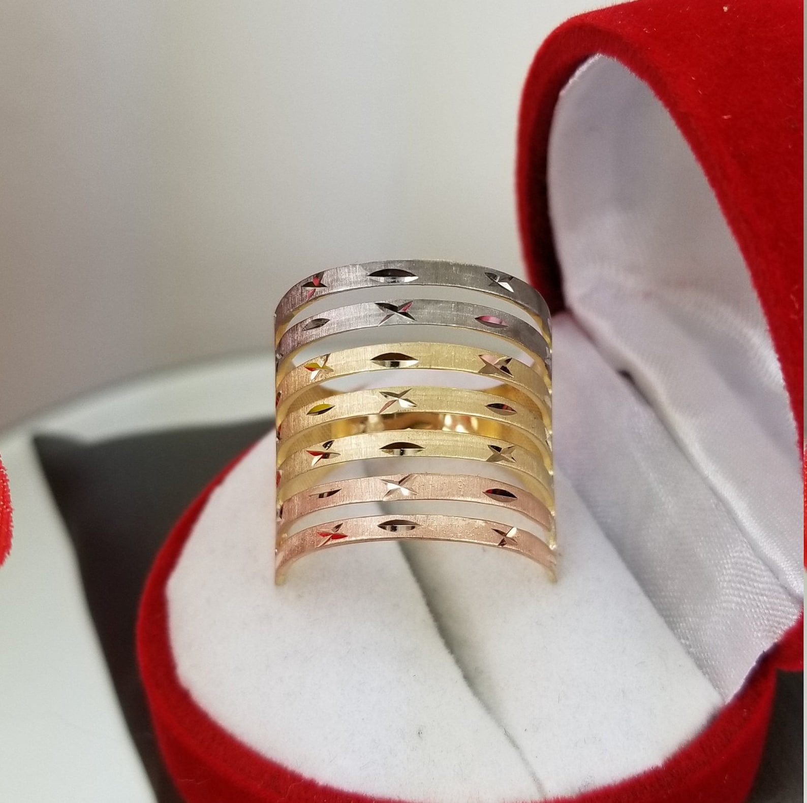 Anillo de 3 Tonos en Oro de 14K en Forma Semanario Para la - Etsy España