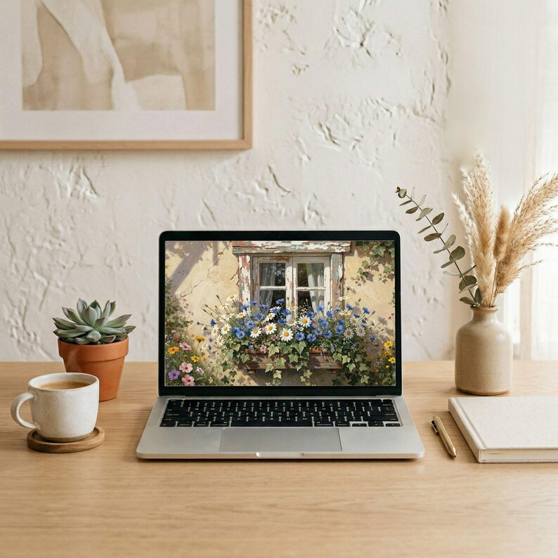 Cottage Window Box in Full Bloom Painterly Oil Fine Art Wallpaper ...