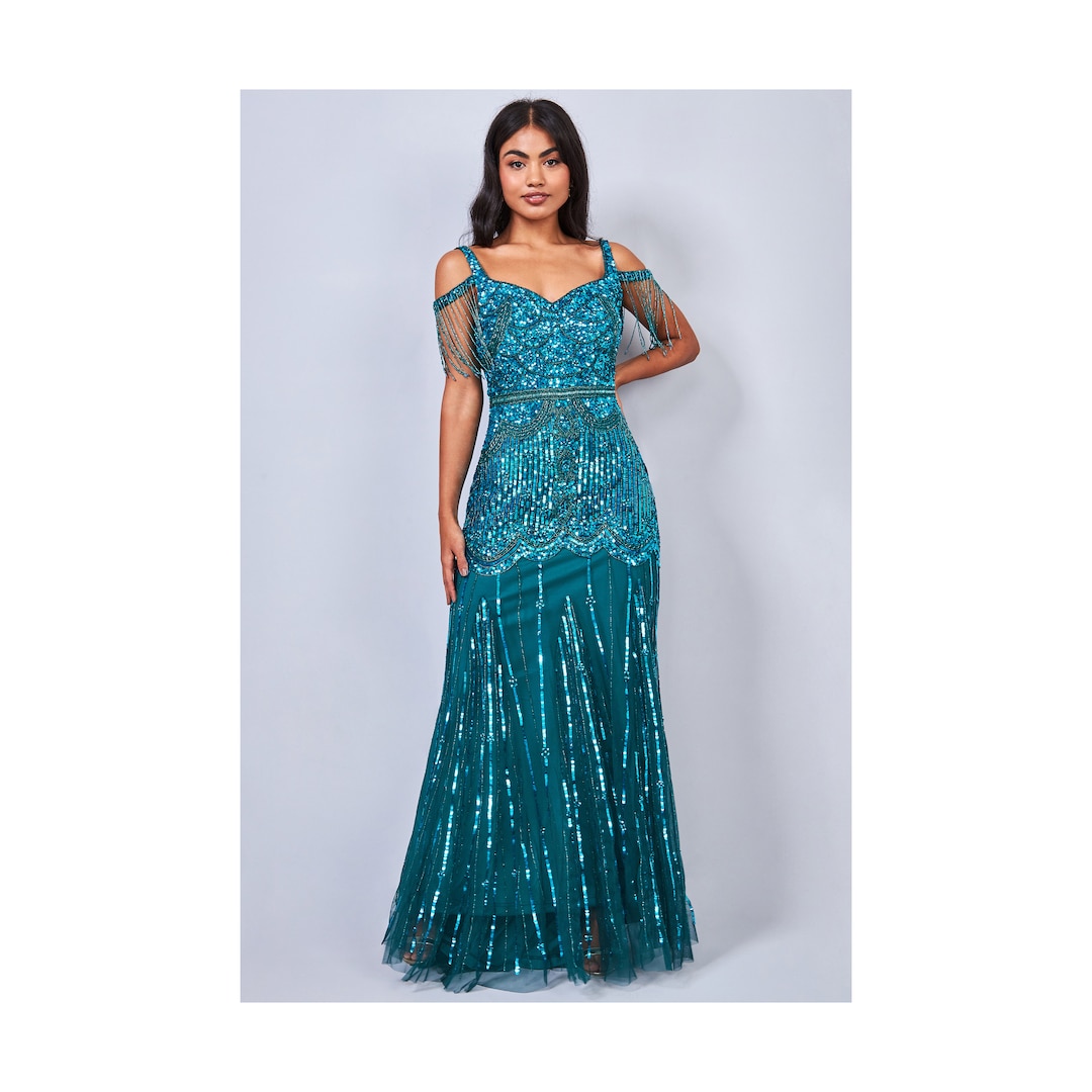 US12 UK16 AUS16 EU44 Chloe Teal Tie Open Back Maxi Prom Dress 1920s ...