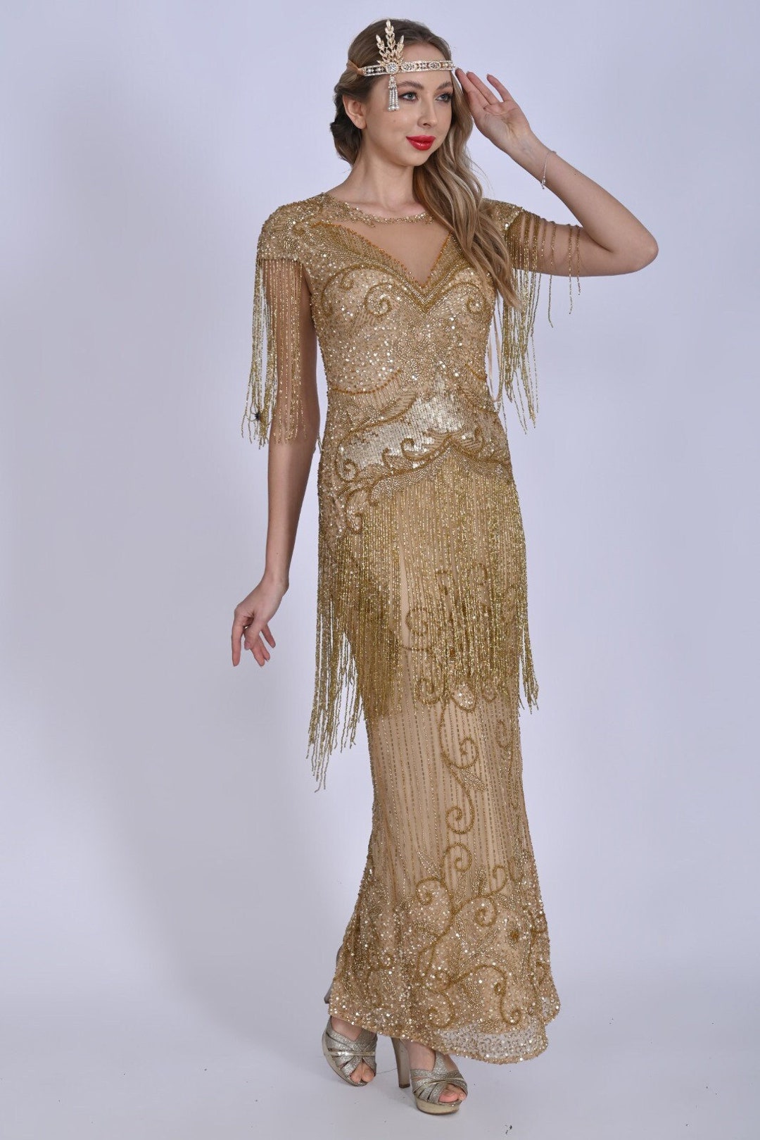 Plus Size Ethel Gold Fringe Maxi Wedding Guest Prom Dress 1920s Great ...