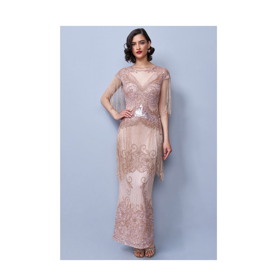 Ethel Blush Fringe Maxi Wedding Guest Prom Dress 1920s Great Gatsby Art ...