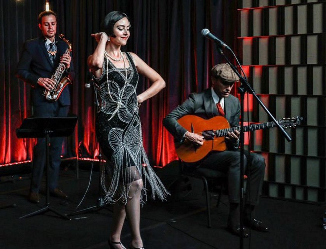 US12 UK16 AUS16 EU44 Handmade Jazz Age Jade Black Silver Fringe Flapper ...