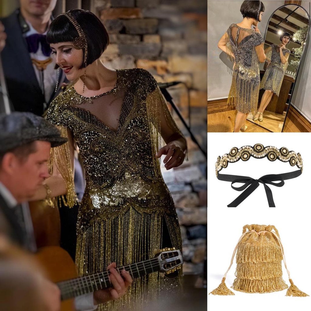 Flapper Set of Fringe Dress Bucket Bag and Headband 1920s Vintage ...