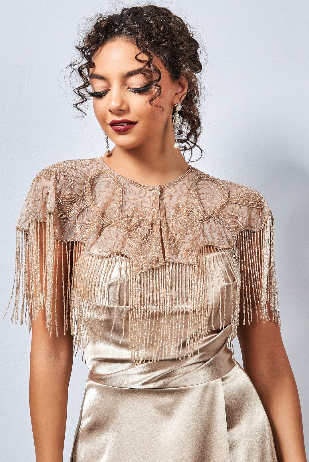 Suzi Embellished Cape Blush 20s Inspired Flapper Wedding Prom Jacket ...