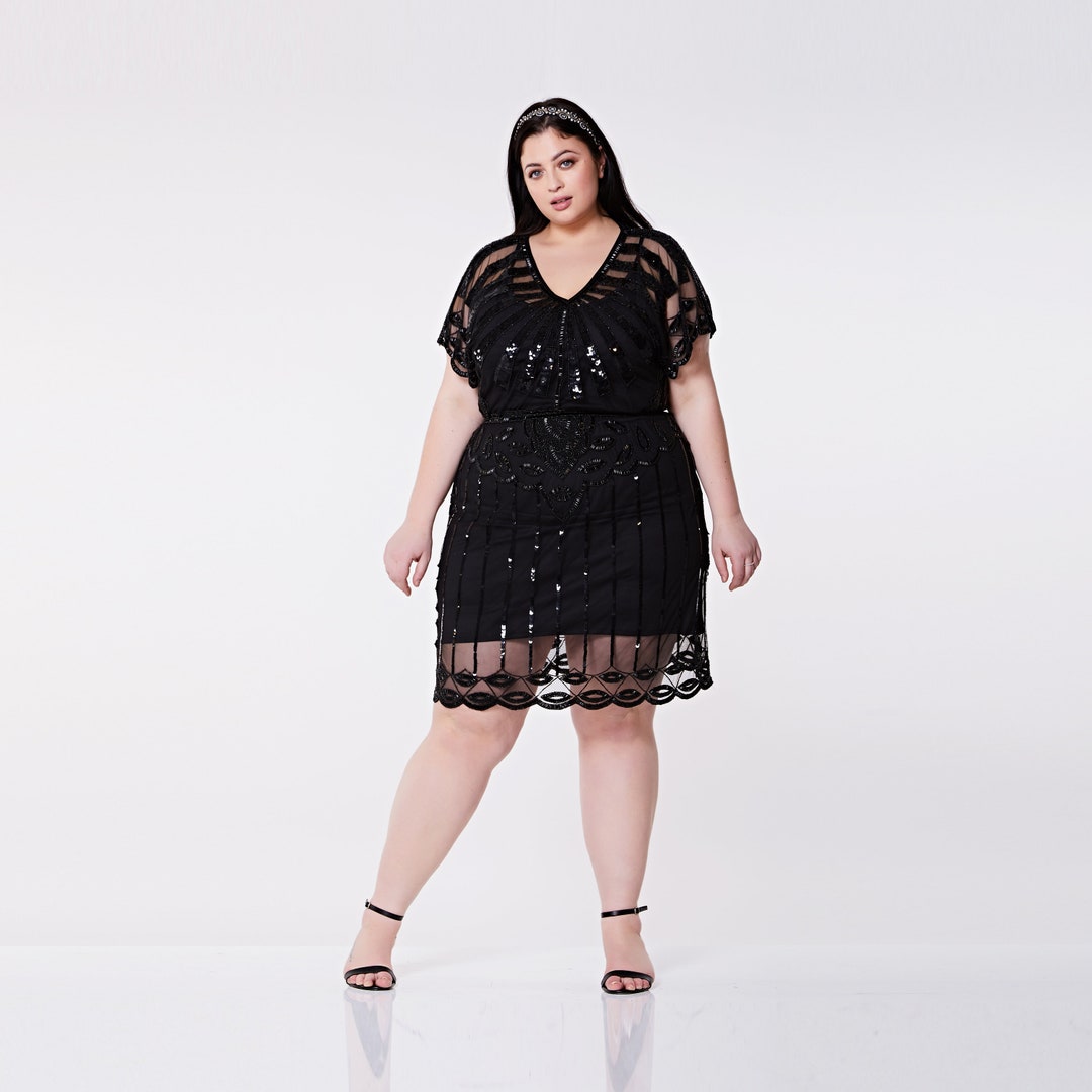 US20 UK24 AUS24 EU52 Plus Size Angel Sleeve Black 20s Flapper Great ...