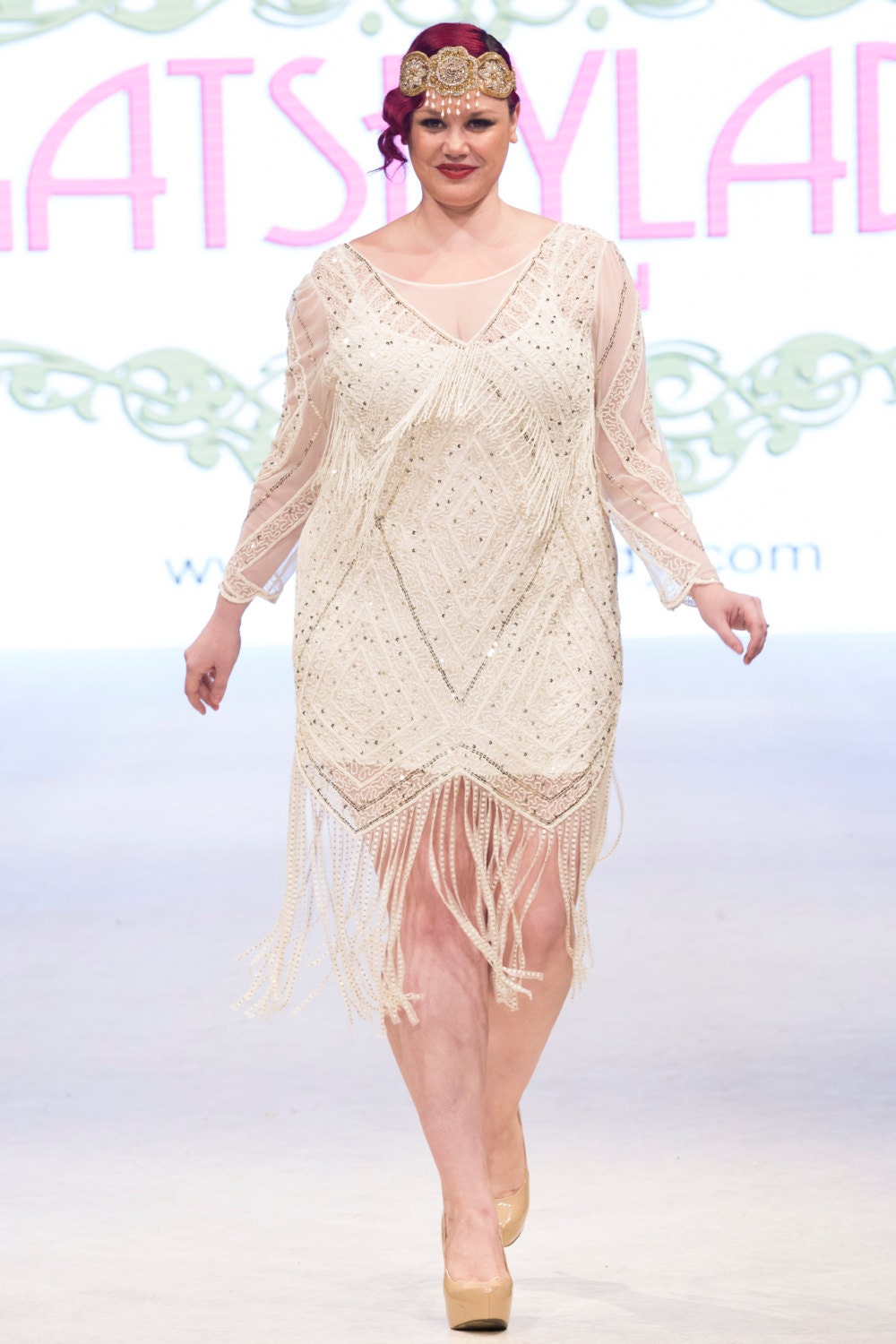 US20 UK24 AUS24 EU52 Betty Plus size Ivory Gold Fringe Dress | Etsy