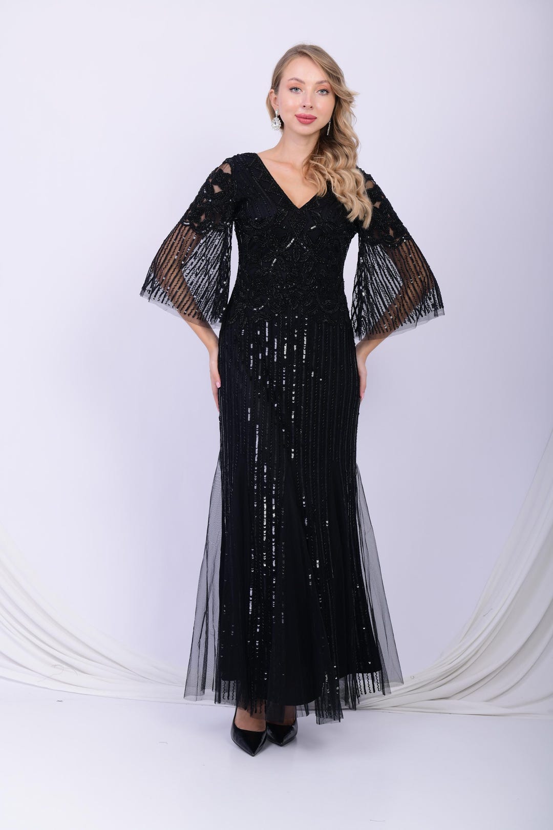 Amanda Half Sleeve Black Maxi Gown Prom Wedding Guest Dress Art Deco ...