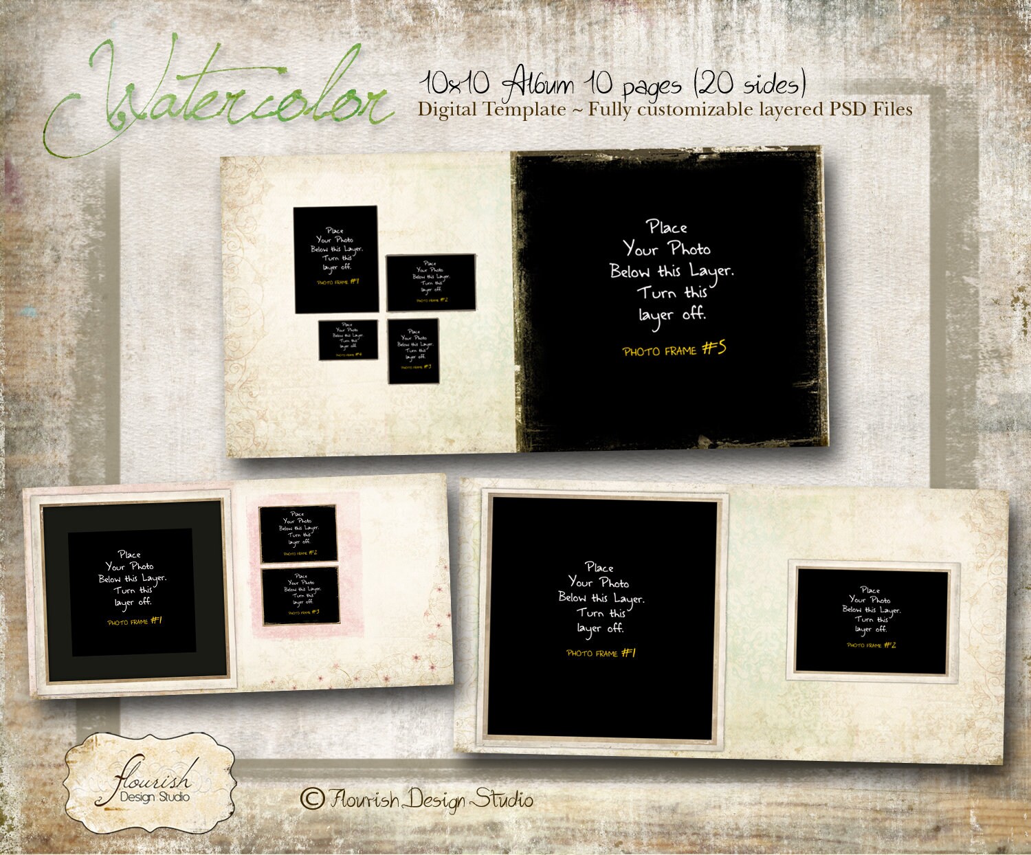 10x10 Album Template for Photographers - Watercolor Album - Etsy