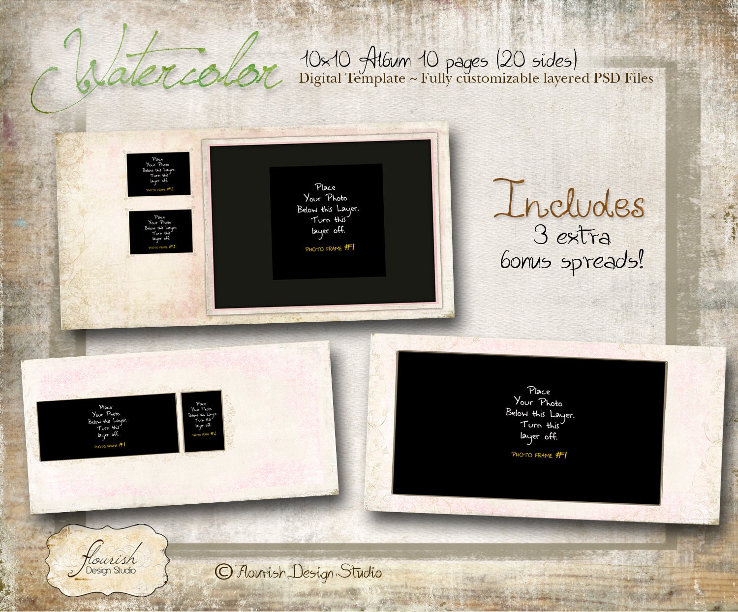 10x10 Album Template for Photographers - Watercolor Album - Etsy