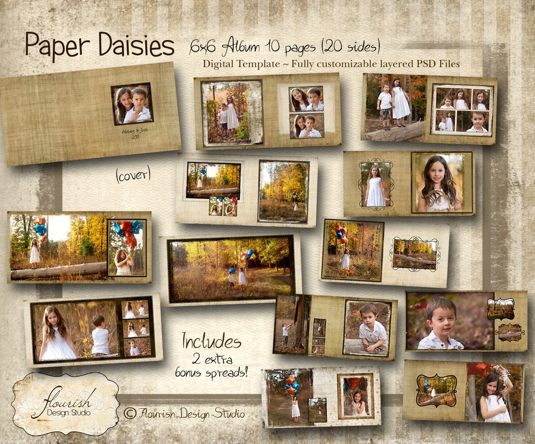 6x6 Album Template for Photographers - Paper Daisies Album - Etsy