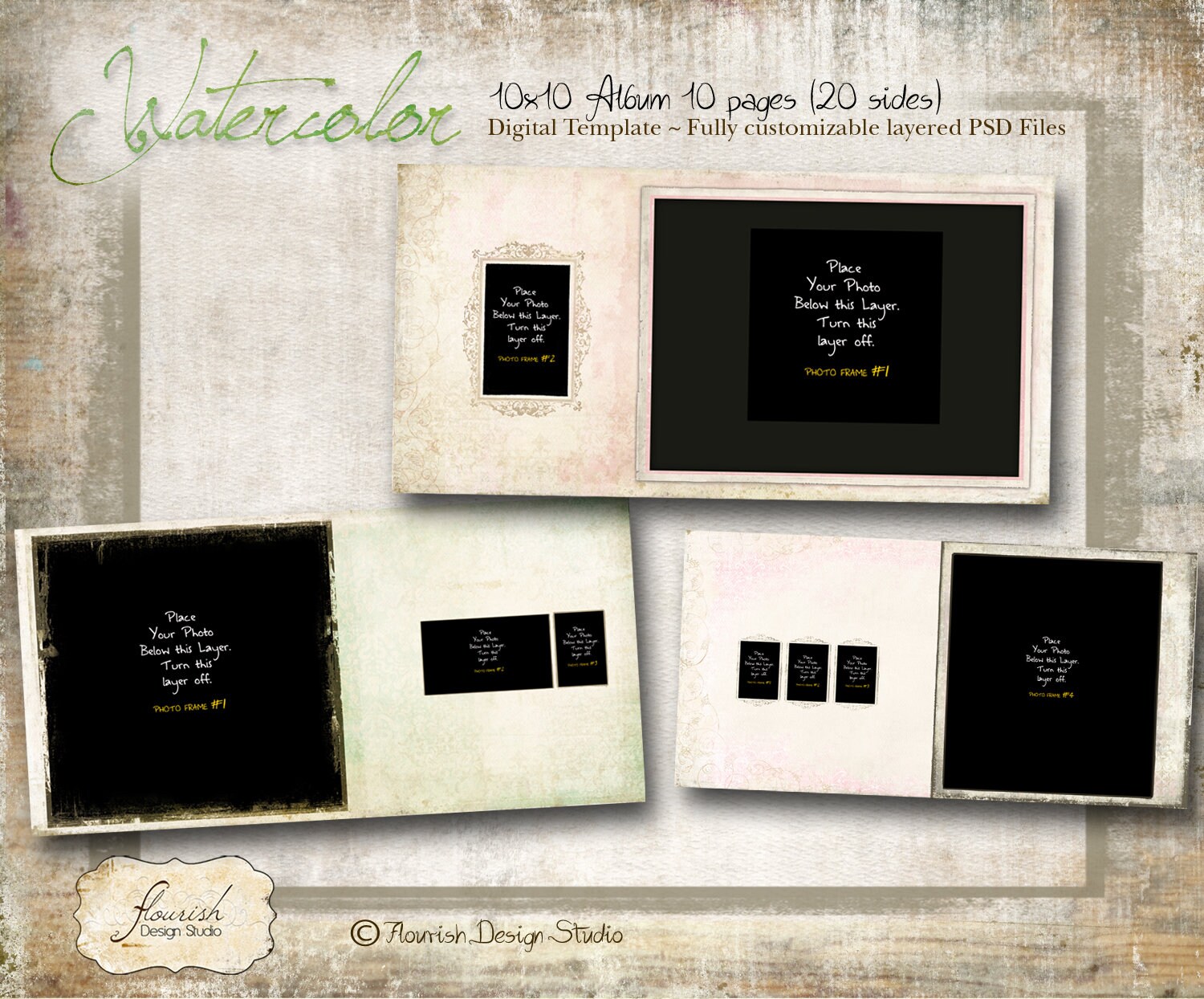 10x10 Album Template for Photographers - Watercolor Album - Etsy