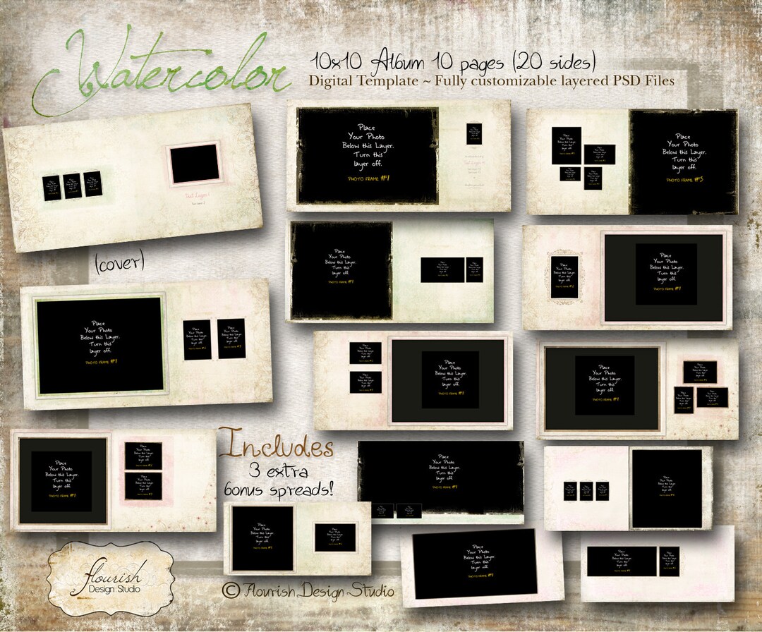 10x10 Album Template for Photographers - Watercolor Album - Etsy
