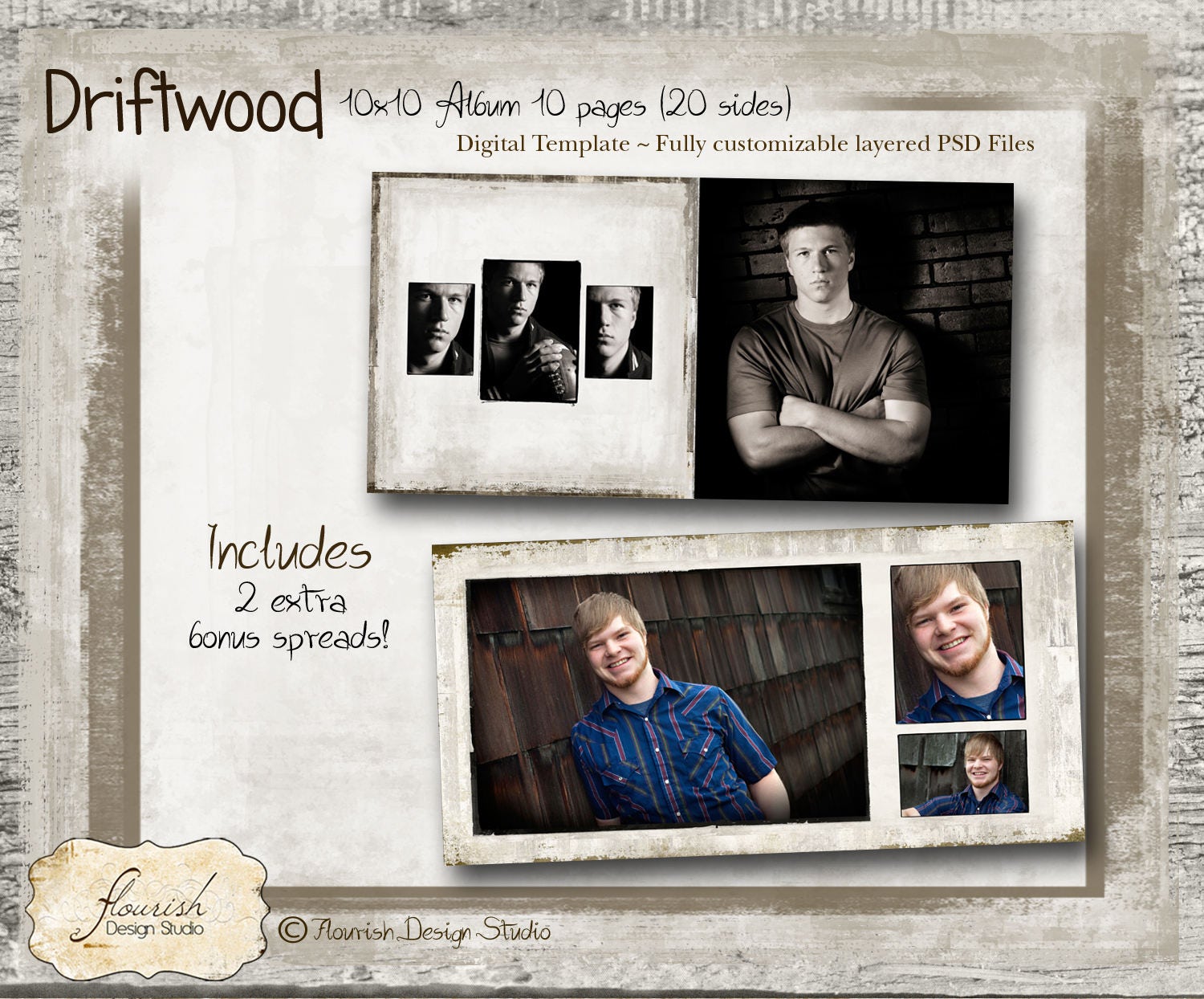10x10 Album Template for Photographers - Driftwood Senior Album - Etsy