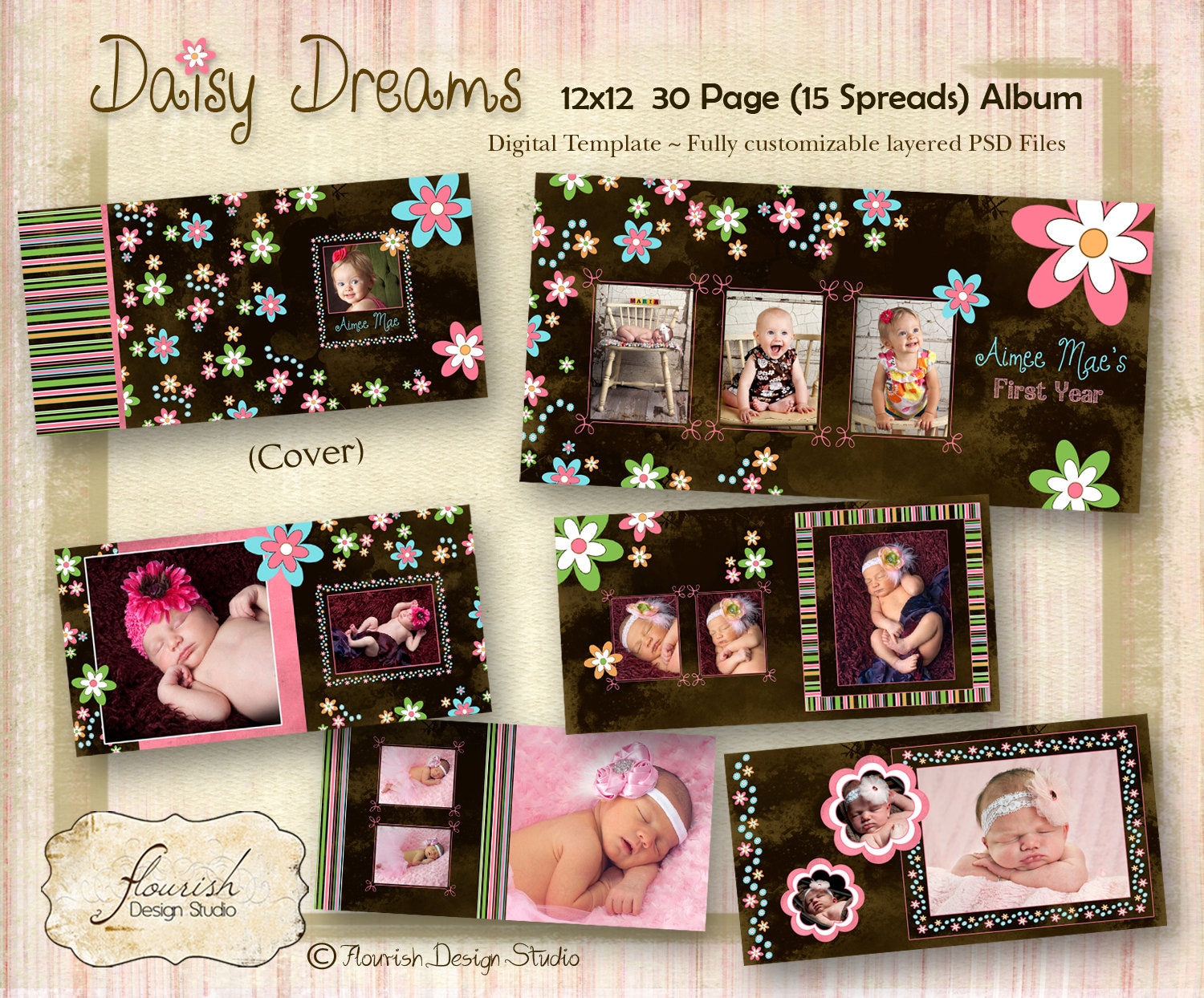 12x12 Baby First Year Birthday Album Template for Photographers - Daisy ...